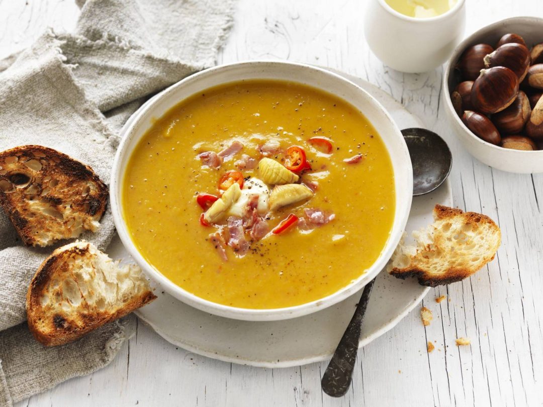 Spicy chestnut, pumpkin & pancetta soup - Chestnuts Australia
